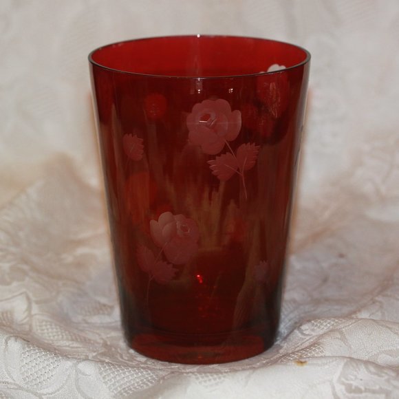 Accents | Vintage Ruby Red Flashed Glass Vase Etched Roses | Poshmark